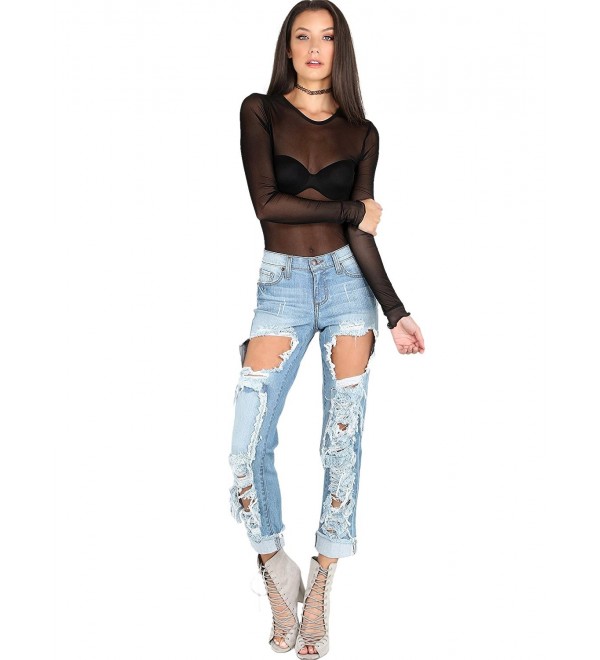 Womens Long Sleeve Slim Fit See Through Sheer Mesh Top Black Ca188ecxsw2
